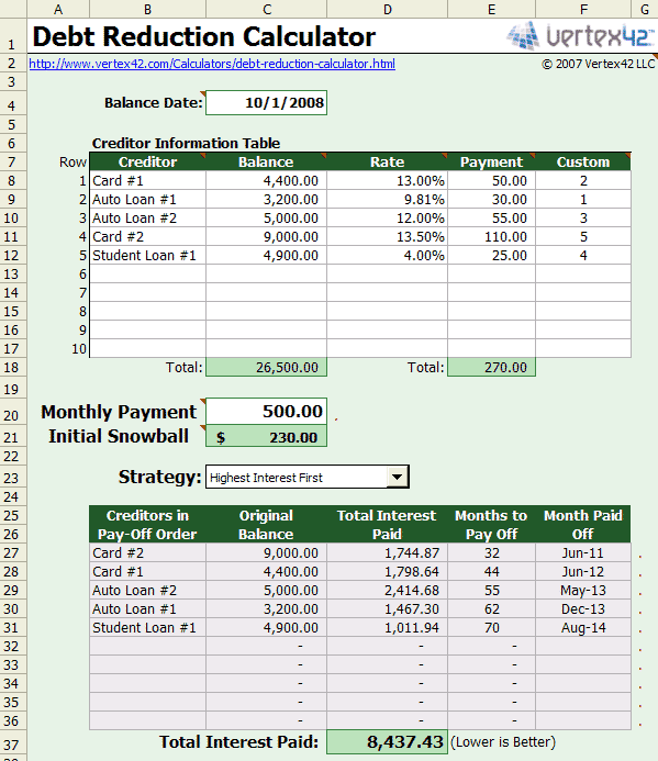 Debt Reduction Calculator For Excel 1 2 Screenshots